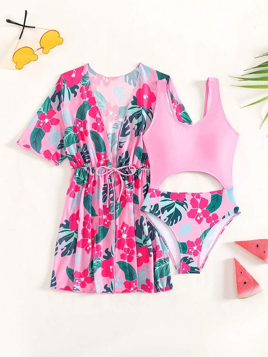 Girls Floral Print Cut Out One Piece Swimsuit With Kimono Shein Usa