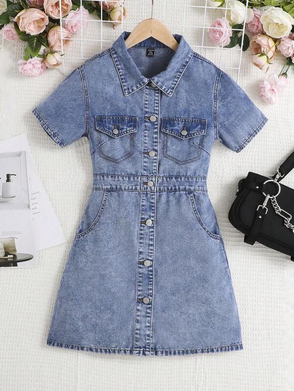 SHEIN Adolescent Fille Robe En Jean Poche À Rabat À Bouton | Mode en ...