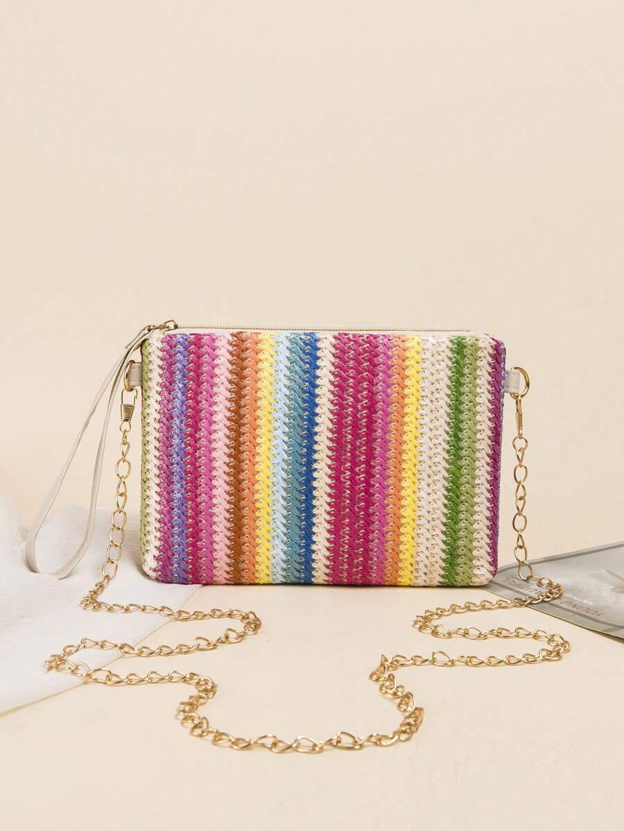 Chain Strap Shoulder Bag, Coin Purse, Clutch, Colorful Woven Bag, Beach ...