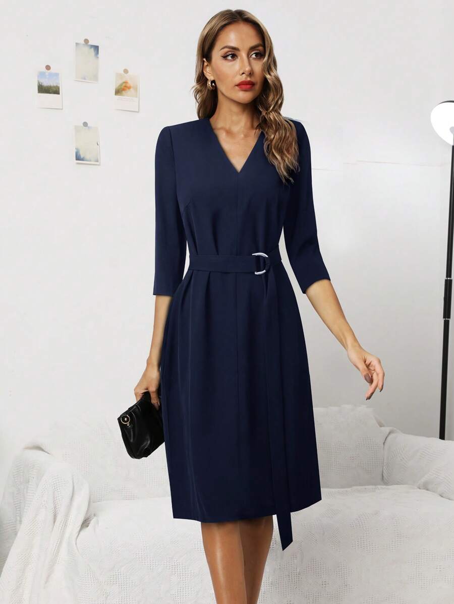 HOMEYEE Solid Belted Dress Dress For Churches Work Dress | SHEIN USA
