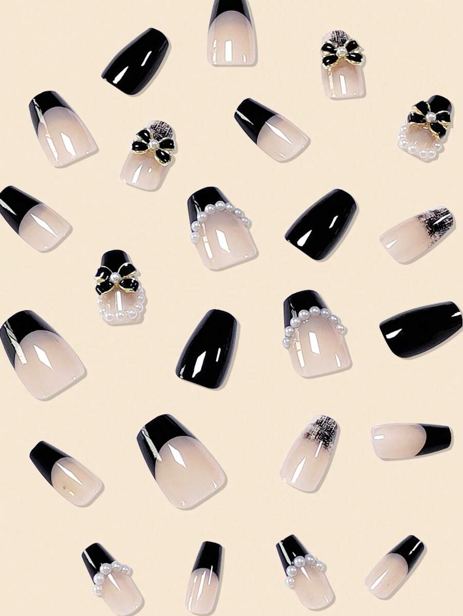 24pcs/Set False Nails In Black French Manicure Style With Pearl ...