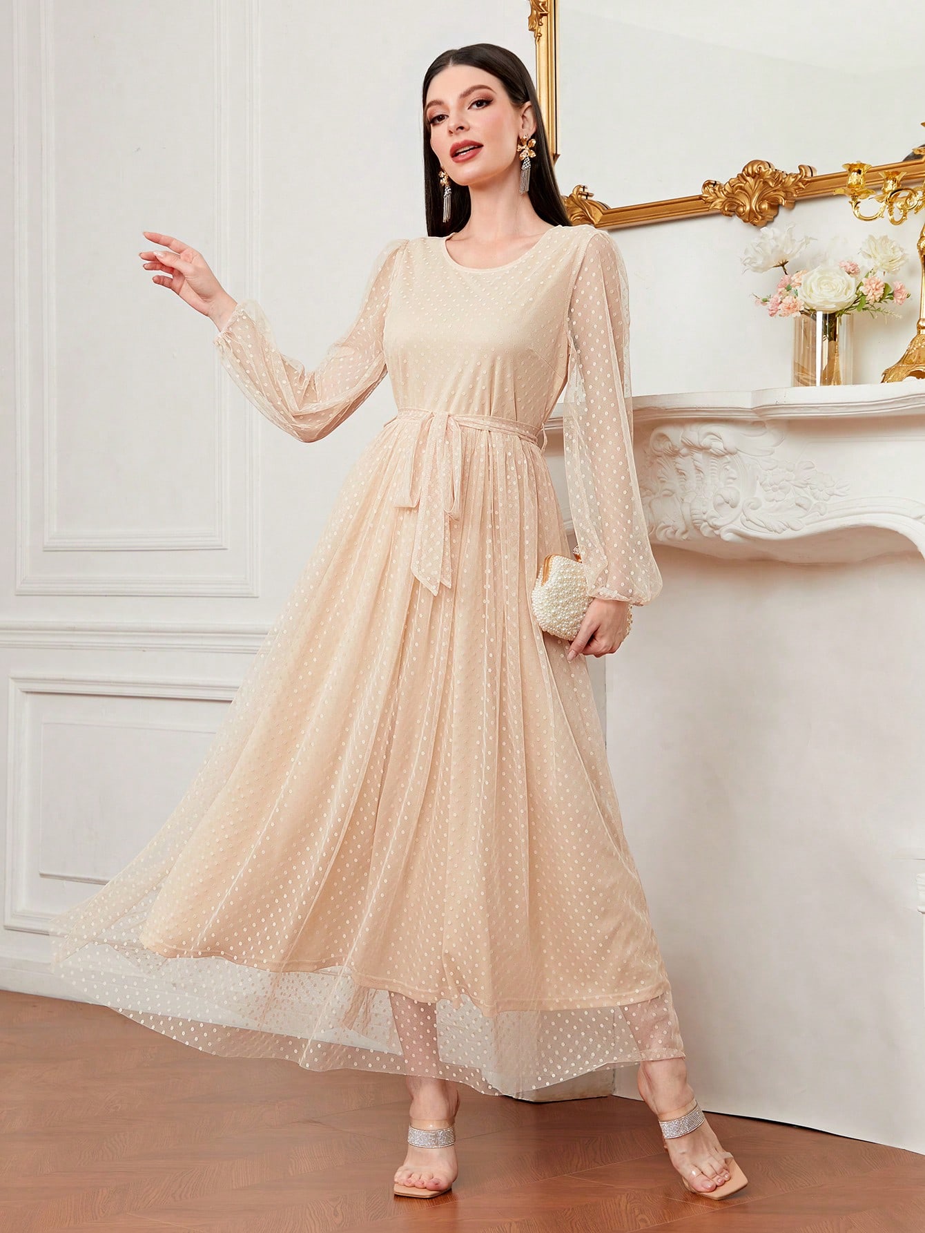 Shein Modely Swiss Dot Mesh Overlay Belted Dress Shein Usa