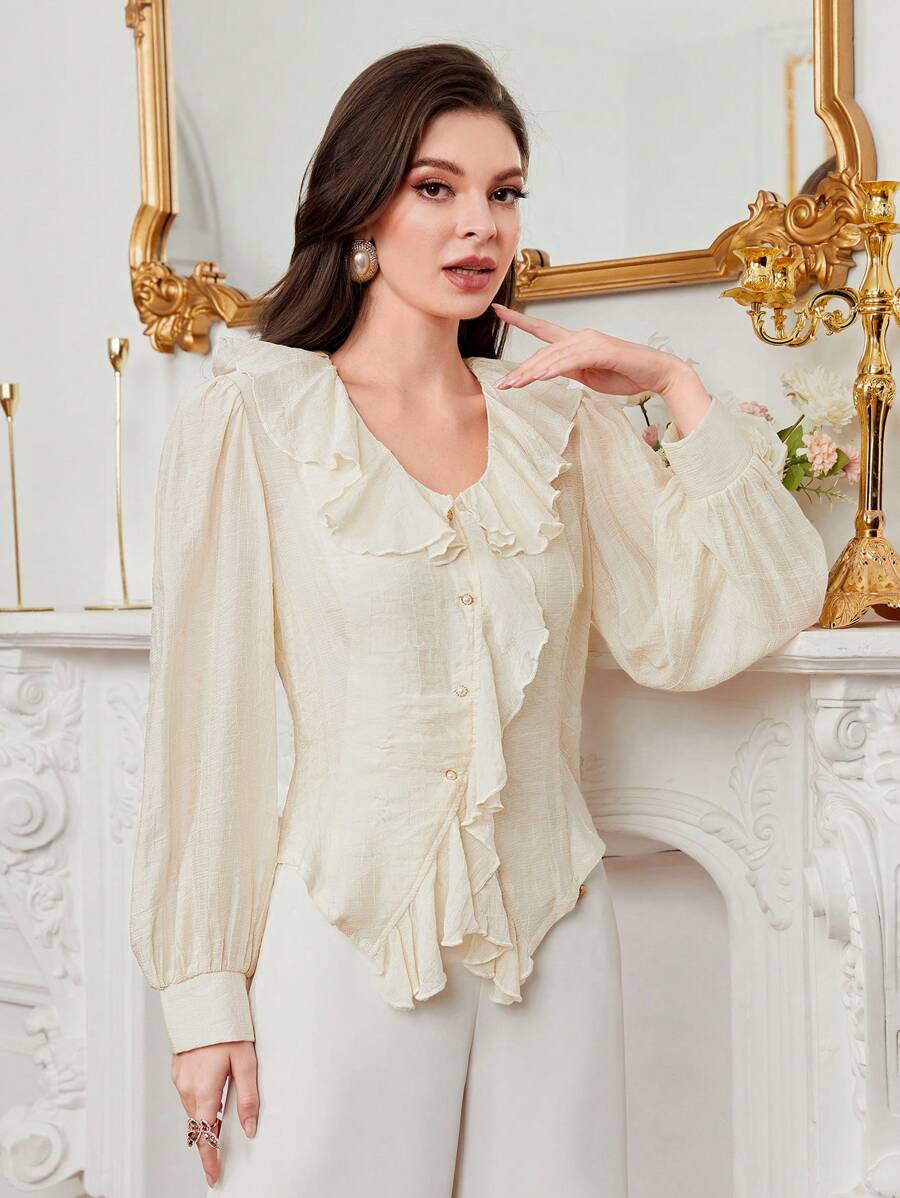 Modelyn Ruffle Trim Lantern Sleeve Blouse | SHEIN USA