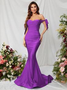 Off Shoulder Knot Side Ruched Satin Formal Dress | SHEIN USA