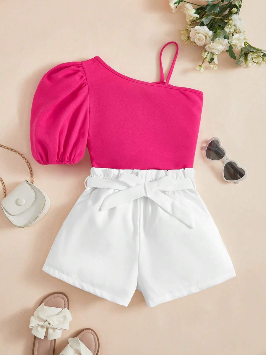 SHEIN Tween Girl Asymmetrical Neck Puff Sleeve Top & Paperbag Waist ...