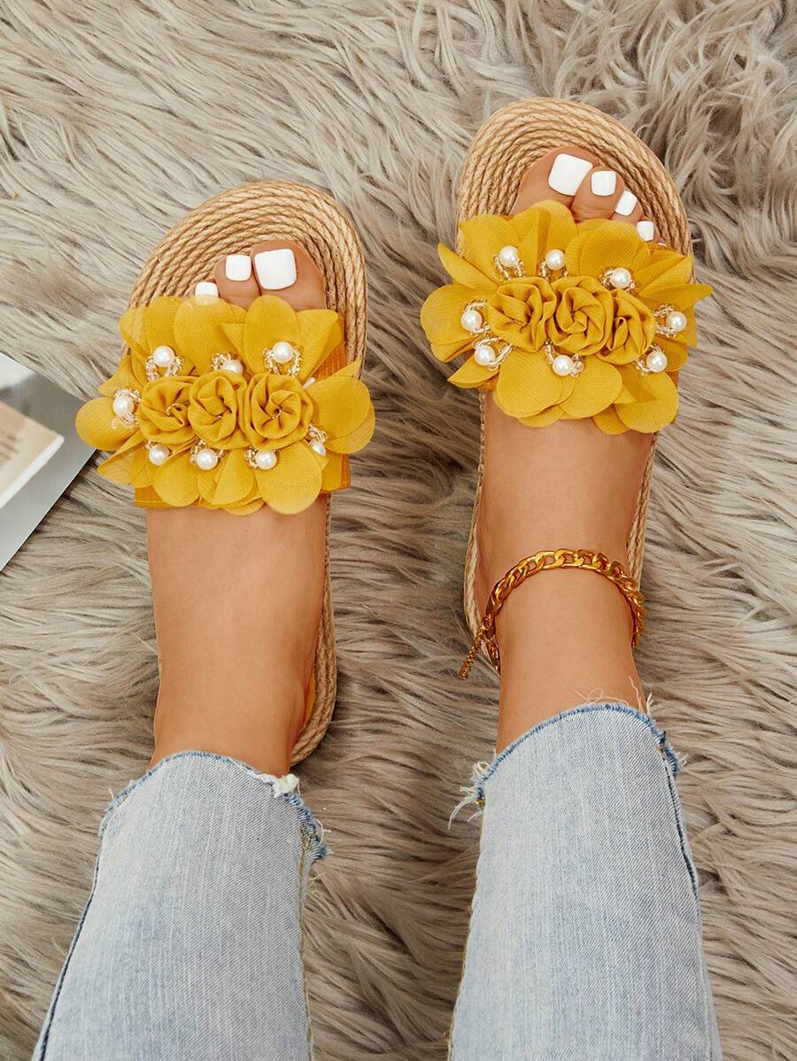Women Faux Pearl & Flower Decor Flat Sandals, Vacation Yellow Slide ...