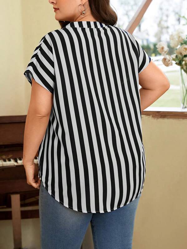 Shein Lune Plus Striped Print Notched Neckline Batwing Sleeve Blouse