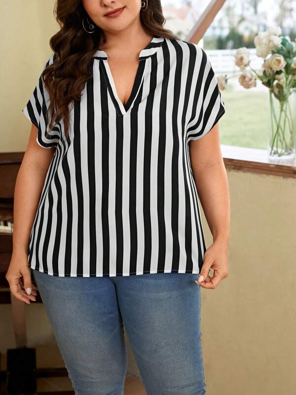 Shein Lune Plus Striped Print Notched Neckline Batwing Sleeve Blouse