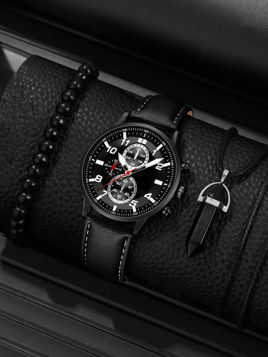 1pc Black PU Polyurethane Strap Fashion Round Dial Quartz Watch & 2pcs ...