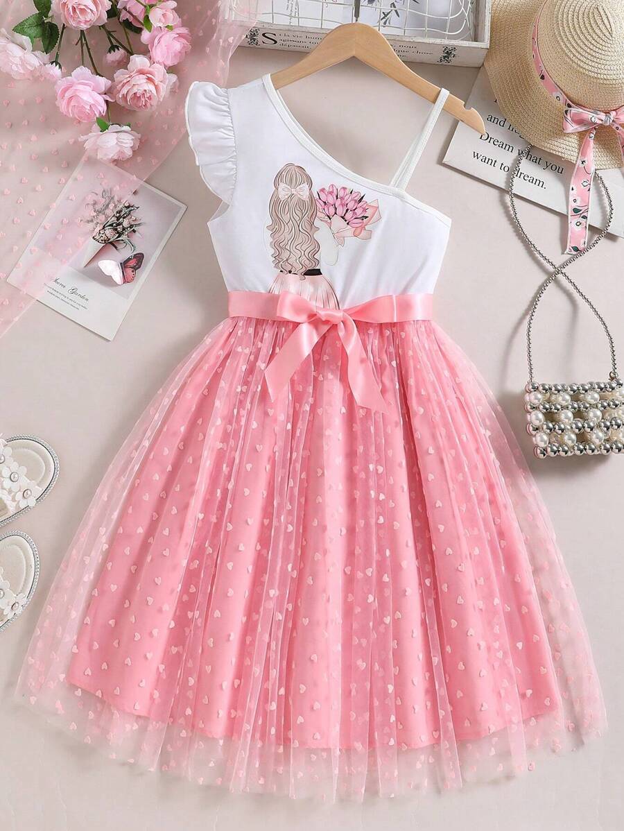 SHEIN Tween Girl Figure Graphic Asymmetrical Neck Ruffle Trim Mesh Hem ...