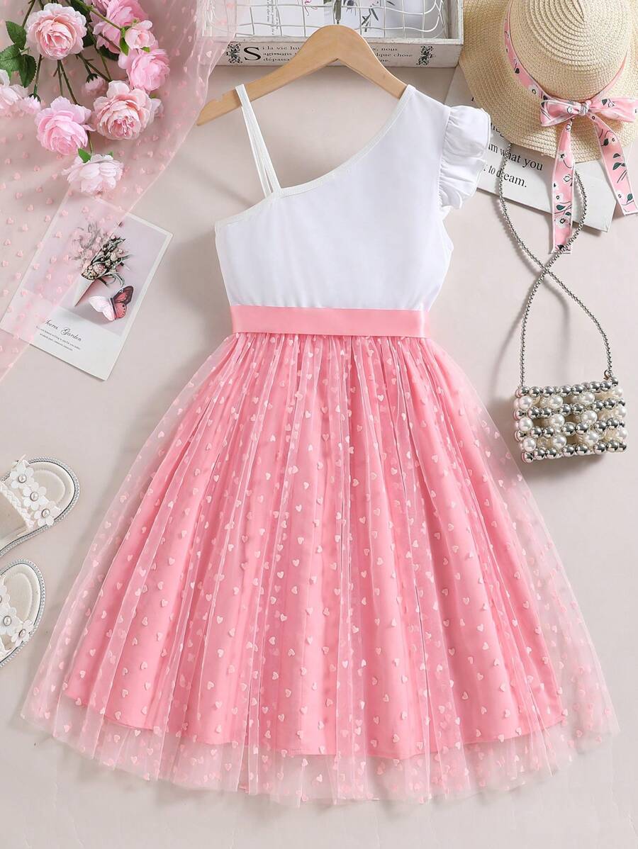 SHEIN Tween Girl Figure Graphic Asymmetrical Neck Ruffle Trim Mesh Hem ...