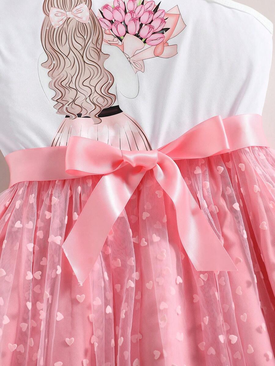 SHEIN Tween Girl Figure Graphic Asymmetrical Neck Ruffle Trim Mesh Hem ...