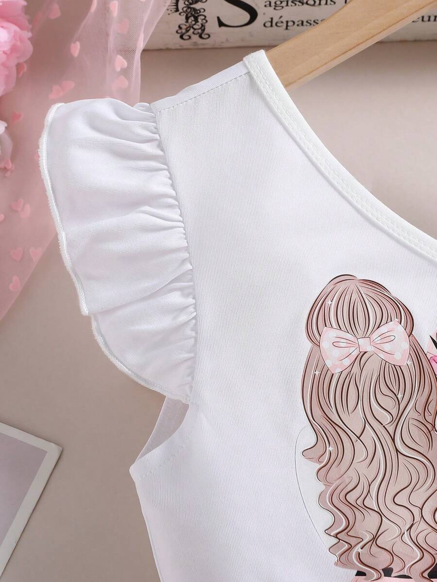 SHEIN Tween Girl Figure Graphic Asymmetrical Neck Ruffle Trim Mesh Hem ...