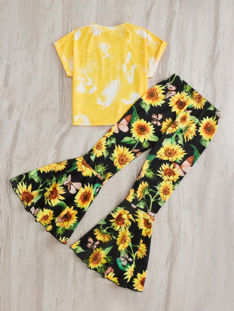 Shein Tween Girl Sunflower And Letter Graphic Tee And Flare Leg Pants