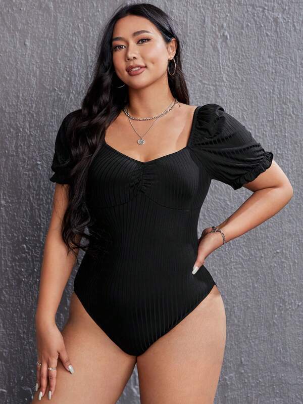 Shein Ezwear Plus Solid Ruched Bust Rib Knit Bodysuit Shein Usa