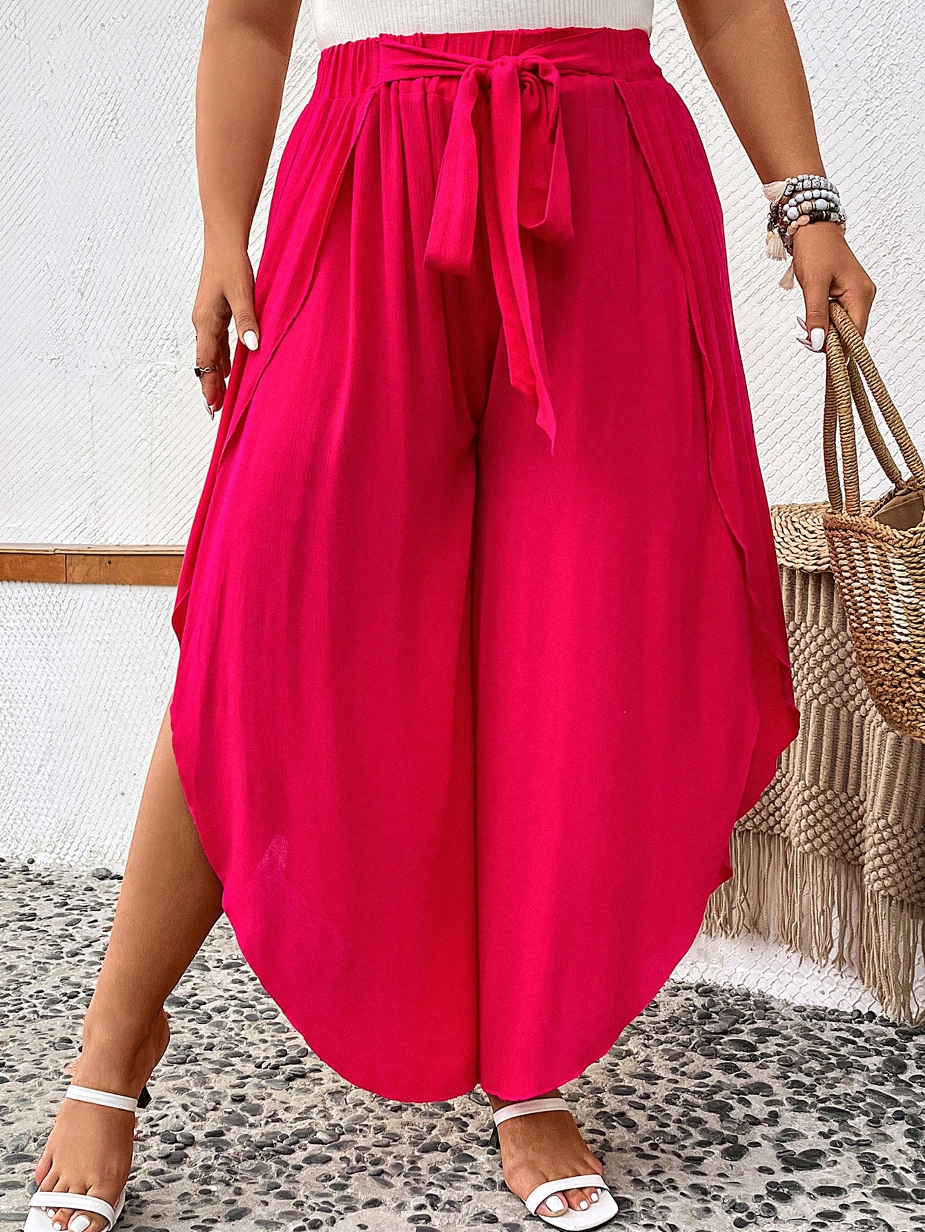 Shein Vcay Plus Tulip Hem Belted Wide Leg Pants Shein Usa