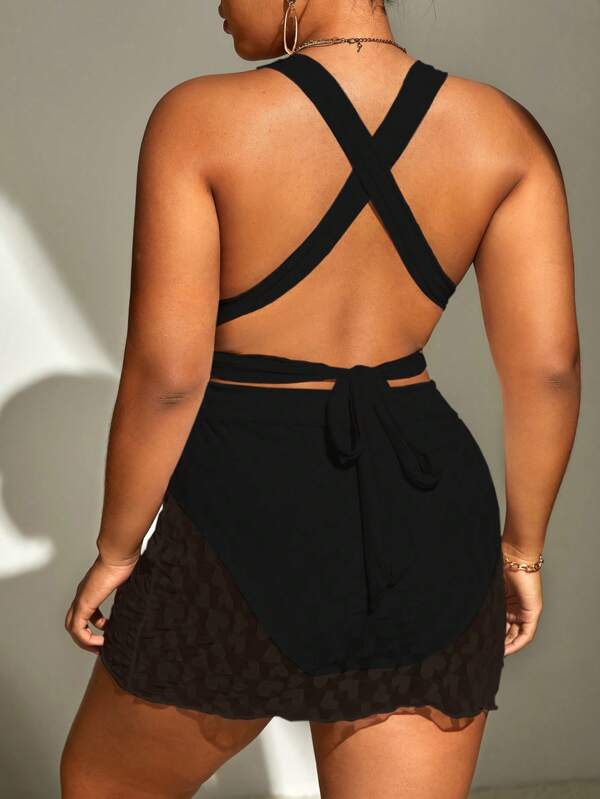 Shein Sxy Plus Solid Plunging Neck Crisscross Backless One Piece