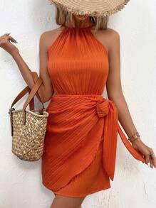 SHEIN Privé Solid Knot Side Wrap Hem Halter Dress | SHEIN USA