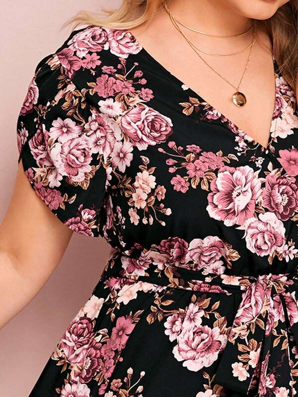 SHEIN Plus Surplice Neck Belted Floral Print Dress | SHEIN USA