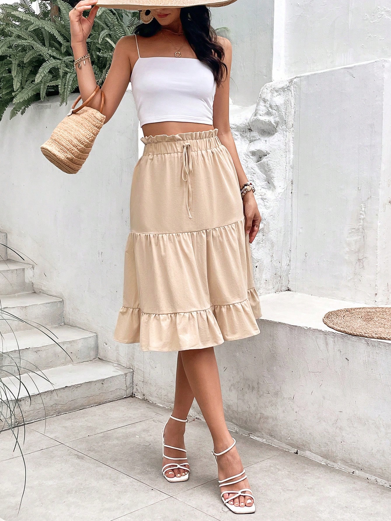 Shein Vcay Rock Mit Papiertasche Taille Rüschenbesatz Knoten Vorn