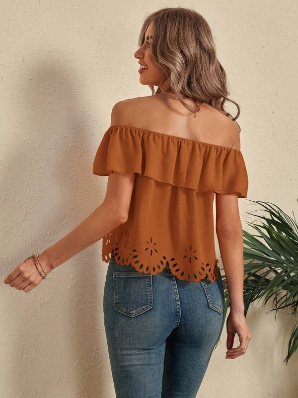 Shein Clasi Off Shoulder Laser Cut Scallop Trim Blouse Shein Usa