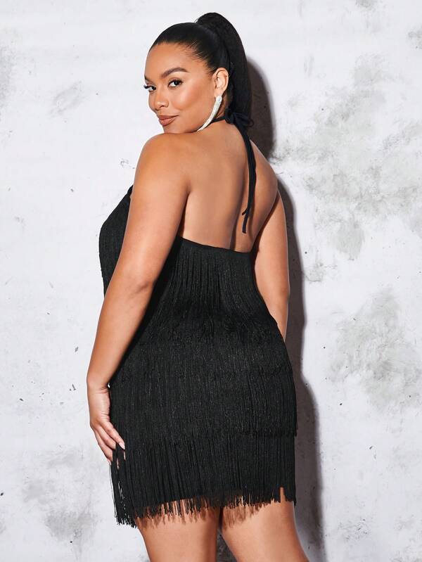 SHEIN BAE Plus Fringe Trim Tie Backless Halter Neck Dress | SHEIN USA