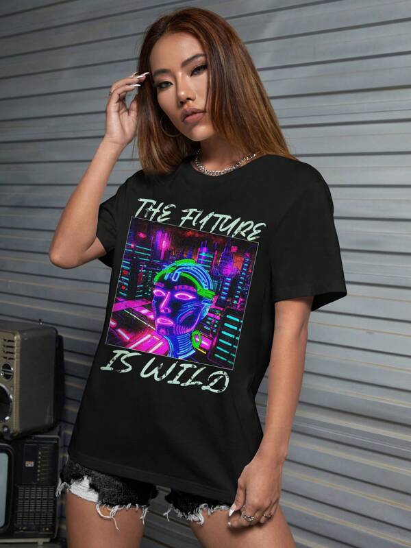Shein X Distorted Dystopia Figure And Slogan Graphic Tee Shein Usa