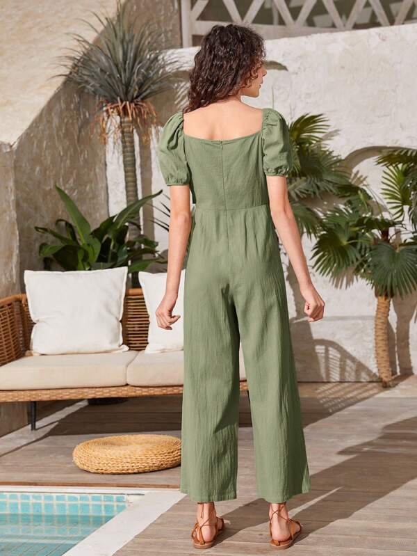 Shein Teen Girls Twist Front Puff Sleeve Wide Leg Jumpsuit | Shein Usa
