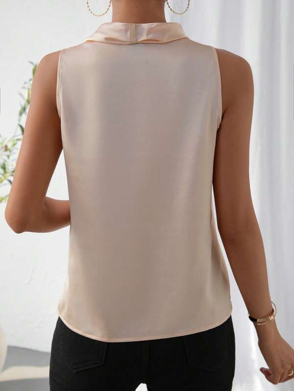 SHEIN Privé Solid Draped Collar Sleeveless Satin Blouse | SHEIN USA