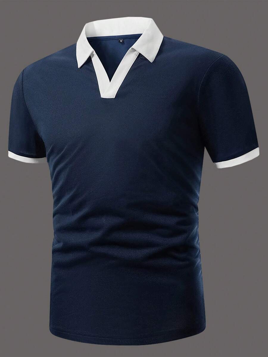 Manfinity Hypemode Men Contrast Trim Color Block Navy Blue Urban Business Casual Polo Shirt ...