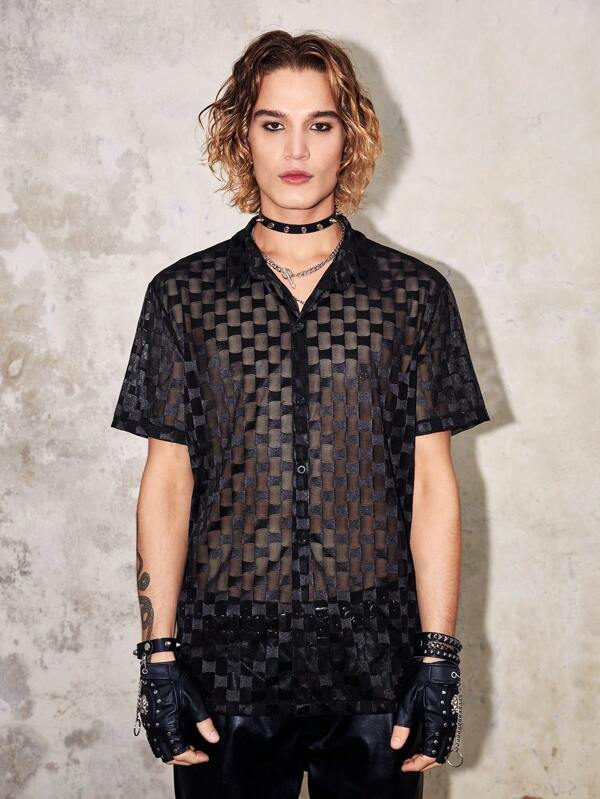 Manfinity Fever City Men Checkerboard Print Mesh Shirt | SHEIN USA