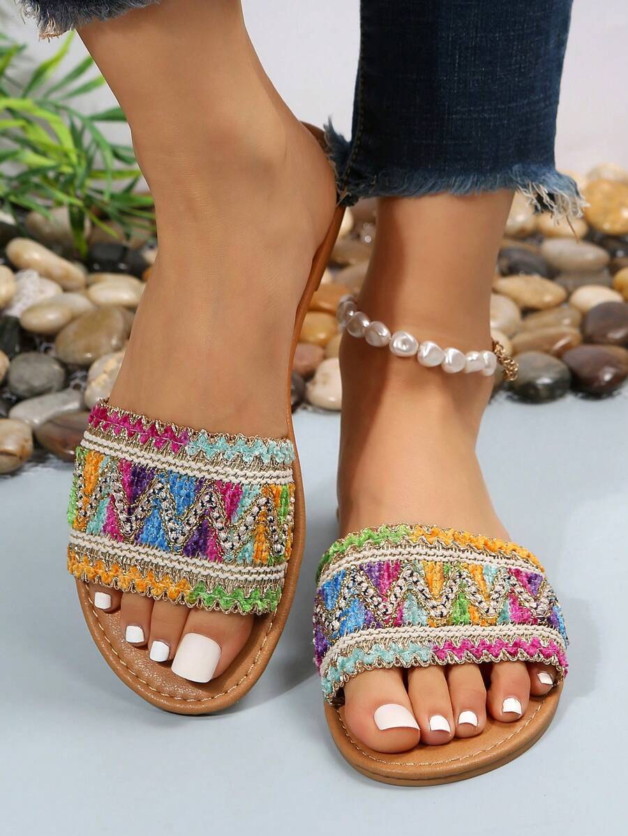 Vacation Sandals For Women Colorblock Braided Detail Slide Sandals Shein Usa