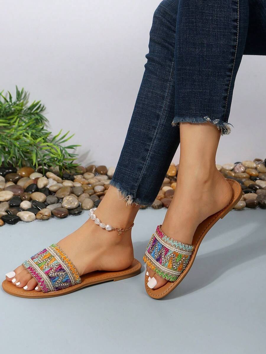 Vacation Sandals For Women, Colorblock Braided Detail Slide Sandals ...