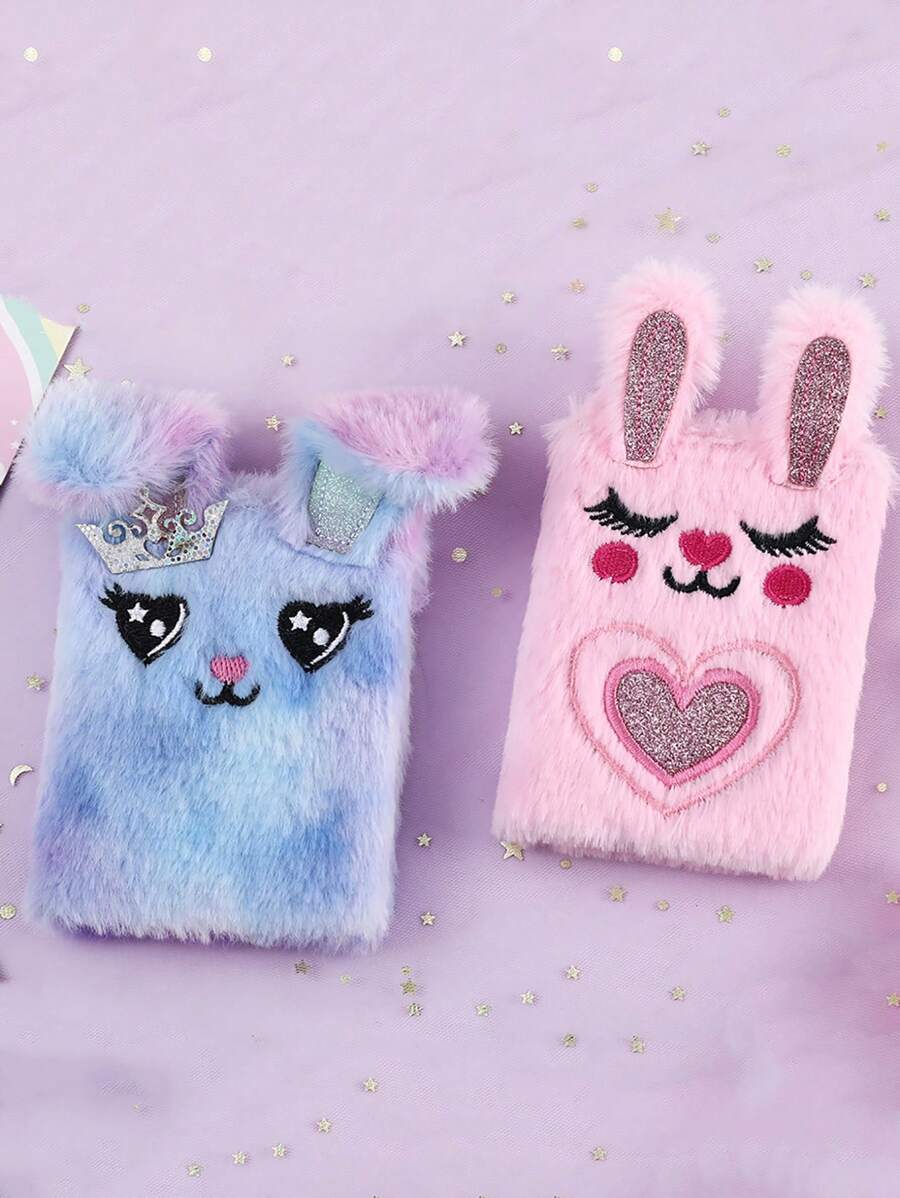 1pc Cartoon Rabbit Embroidered Fuzzy Notebook, Cute Portable Writable ...
