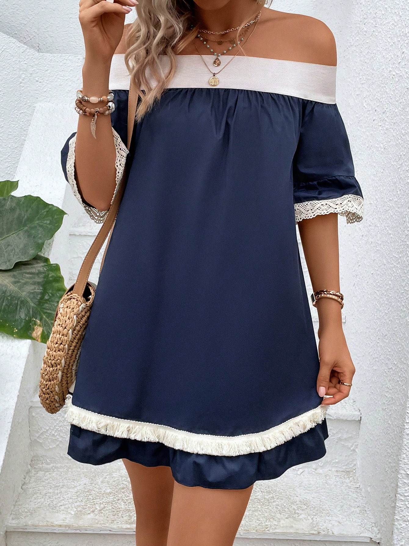 Shein Vcay Off Shoulder Contrast Lace Ruffle Trim Dress Shein Usa