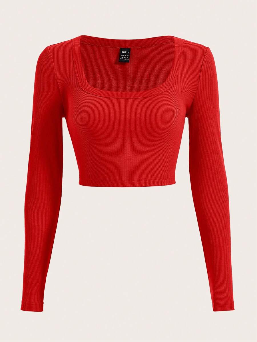 SHEIN EZwear Autumn And Winter Bright Red Thin Ribbeds Square Neck Slim ...