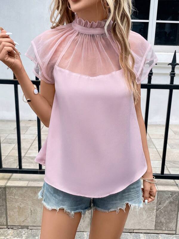 SHEIN Privé Contrast Mesh Yoke Frill Neck Blouse | SHEIN USA