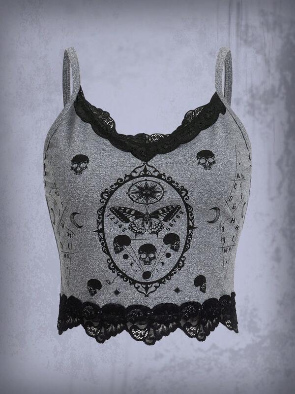 Goth Skull Print Contrast Lace Cami Top | SHEIN USA