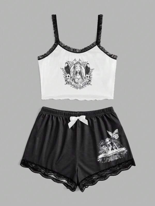 Corpse Bride Romwe Figure Graphic Contrast Lace Pj Set Shein Usa