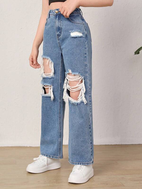 SHEIN Teen Girls Ripped Straight Leg Jeans | SHEIN USA