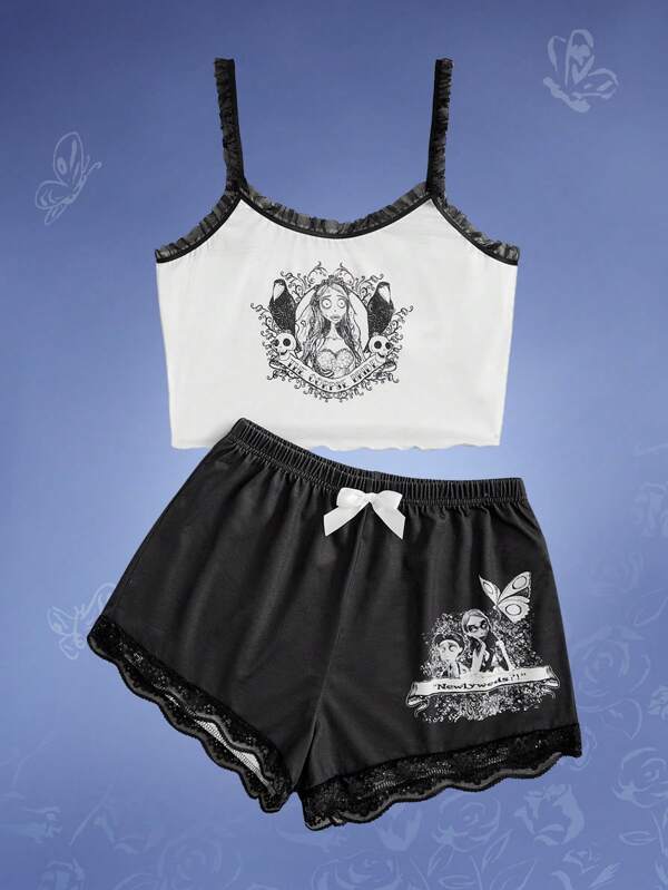 Corpse Bride Romwe Figure Graphic Contrast Lace Pj Set Shein Usa