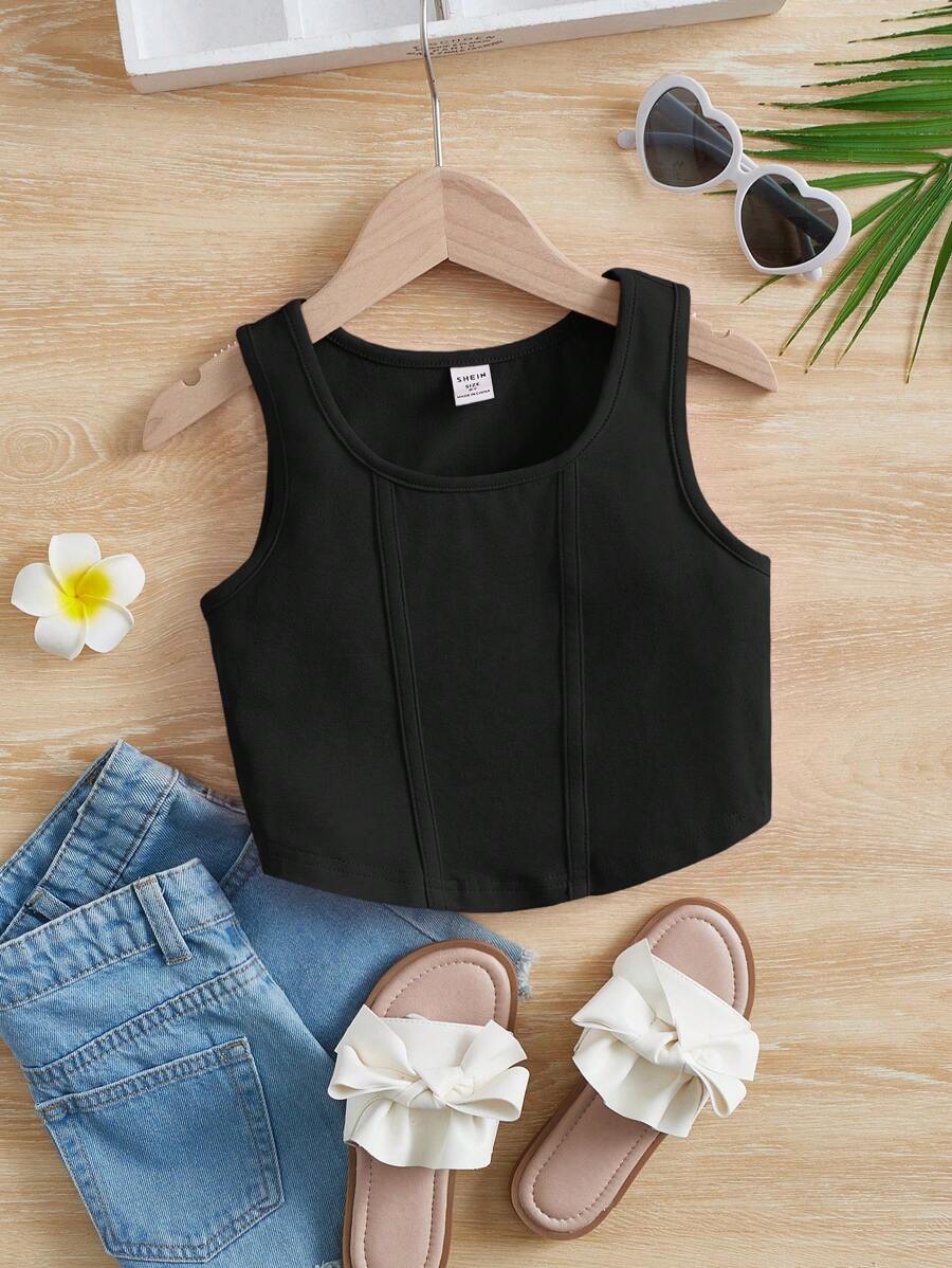 Summer Short-Length Solid Color Tank Top With Large Round Neckline For ...
