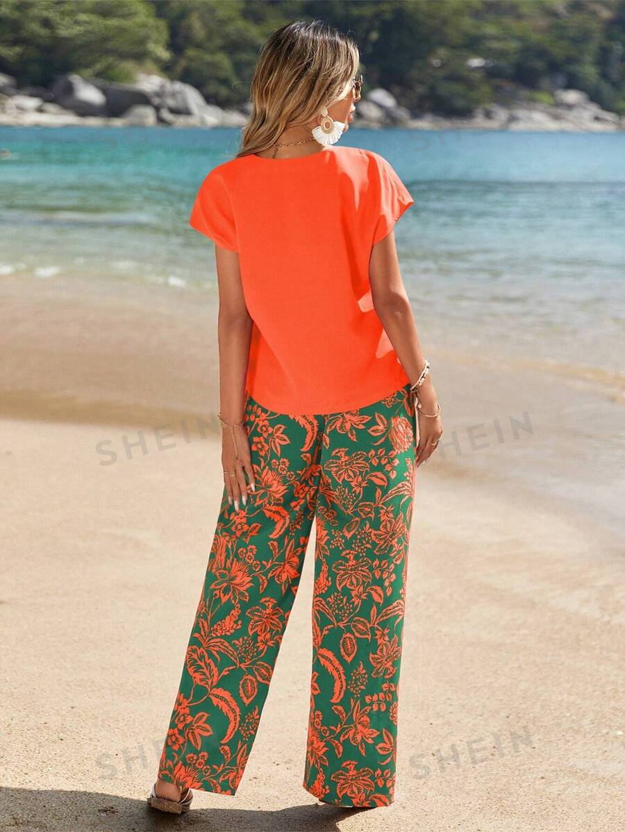 SHEIN VCAY Batwing Sleeve Top & Floral Print Wide Leg Pants,Women Two ...