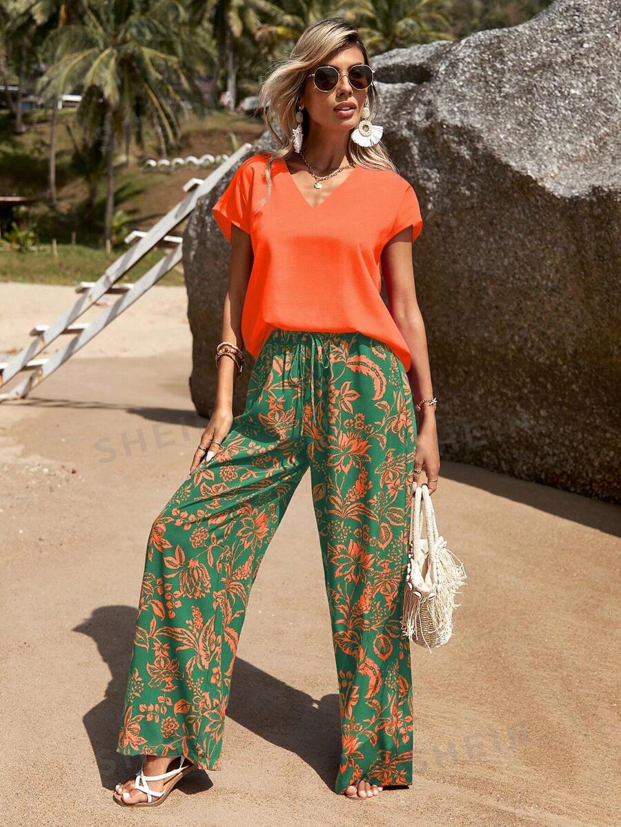 SHEIN VCAY Batwing Sleeve Top & Floral Print Wide Leg Pants,Women Two ...