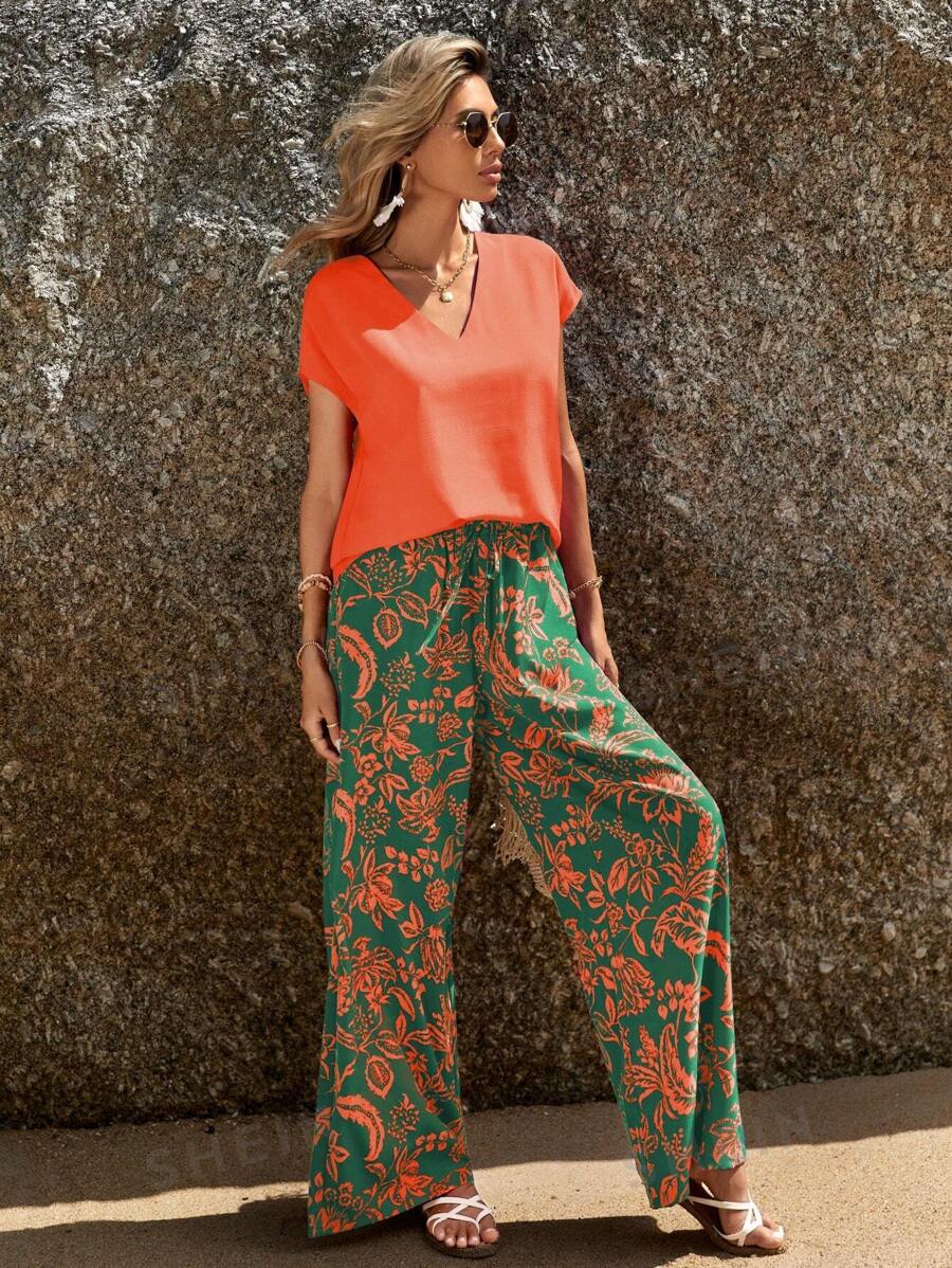 SHEIN VCAY Batwing Sleeve Top & Floral Print Wide Leg Pants,Women Two ...