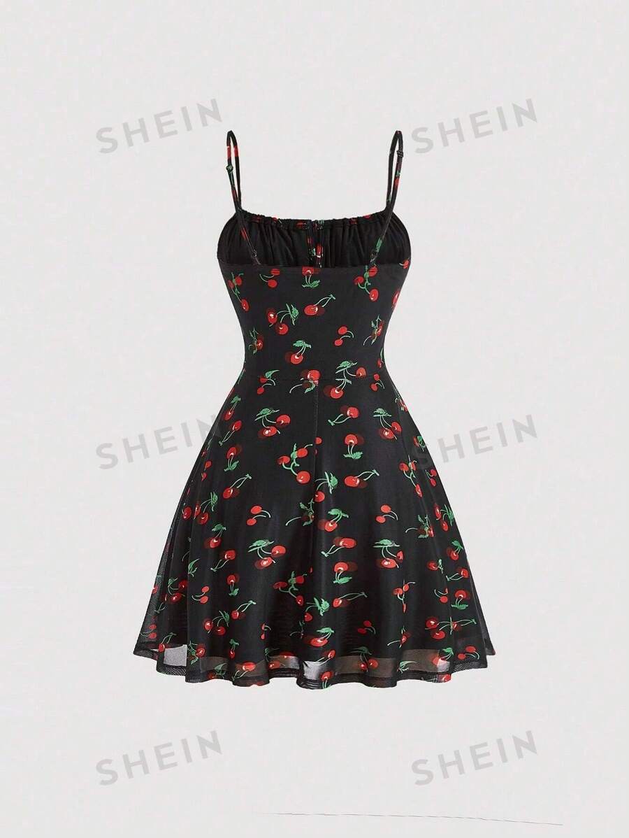SHEIN MOD Cherry Print Ruched Bust Cami Summer Pastoral Short Style Dress | SHEIN UK