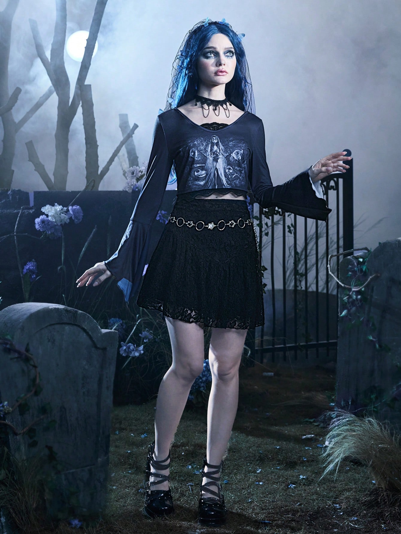 Corpse Bride | ROMWE Figure Graphic Contrast Lace Tee | SHEIN UK