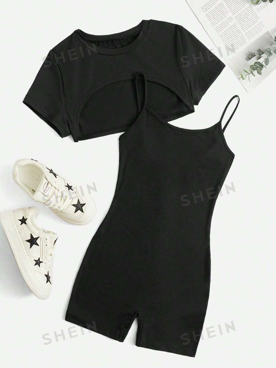 SHEIN EZwear Summer Black Y2k Super Crop Top & Cami Romper Two Piece ...