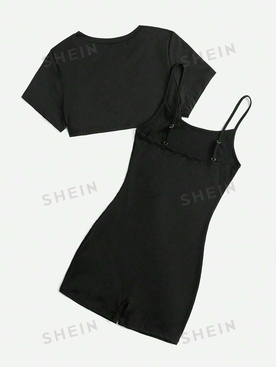 SHEIN EZwear Summer Black Y2k Super Crop Top & Cami Romper Two Piece ...