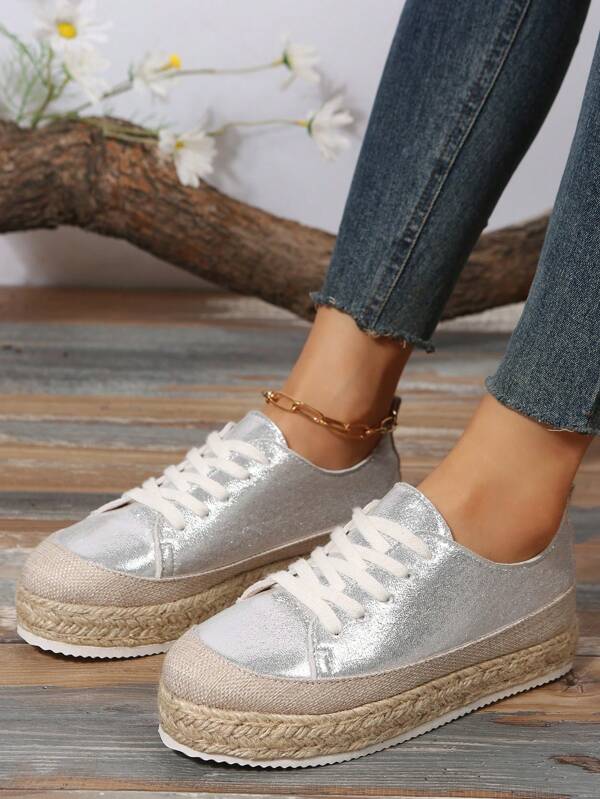 Women Metallic Espadrille Lace-up Front Flatform Shoes, Vacation Silver ...